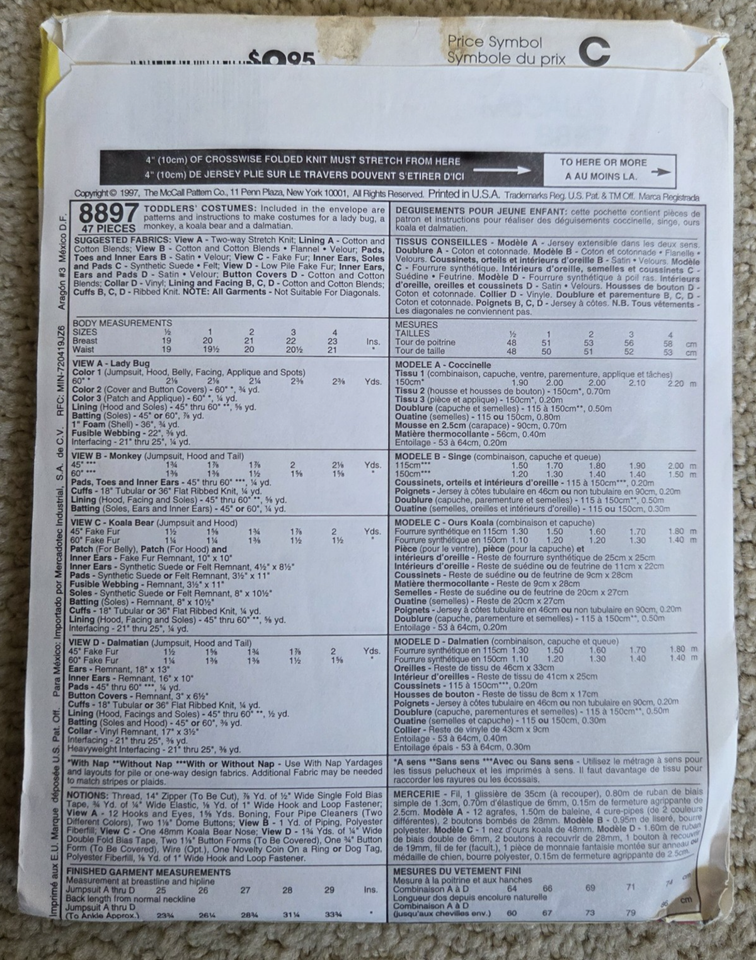 McCalls Sewing Pattern 8897 Costumes Toddler Ladybug Dog Koala Size 3 ...