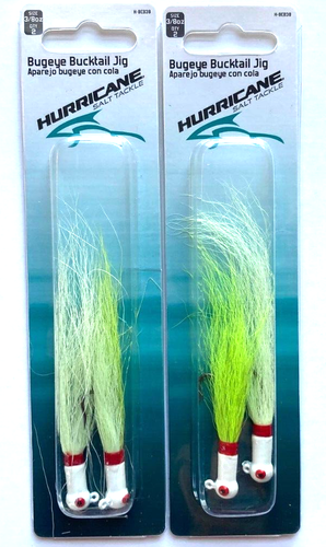 2 Packs Hurricane 3/8oz Bugeye Bucktail Jig Mostly White Tail and Chart ...