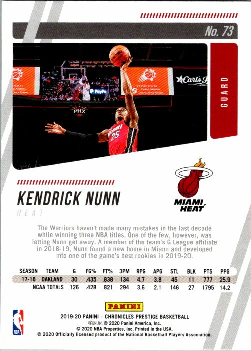 2019-20 Panini Chronicles Prestige Card #73 Kendrick Nunn RC Rookie ...