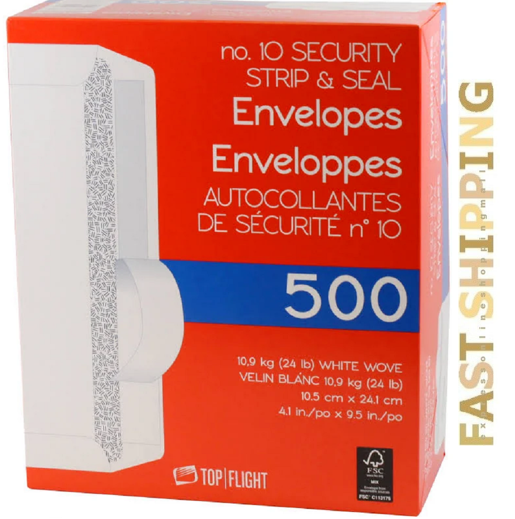 Top Flight No.10 Security Strip And Seal Envelopes, 4.1" x 9.5" - 500 ...