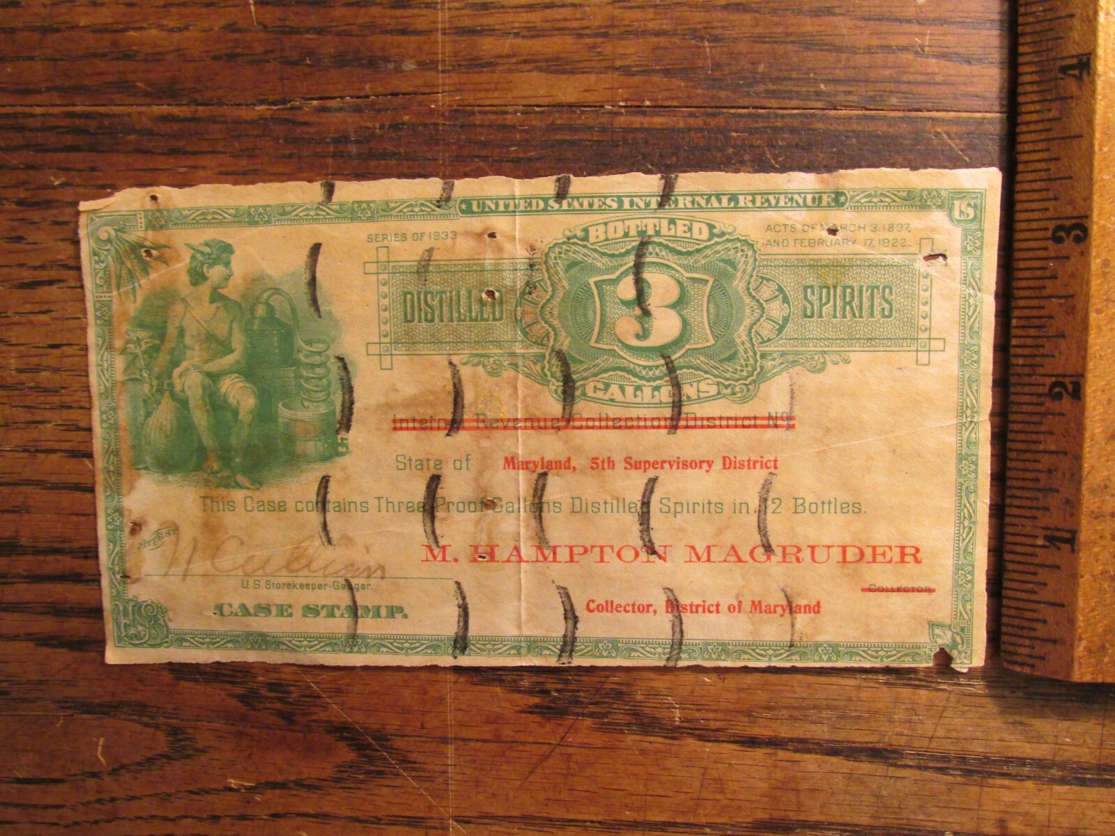 Antique Vintage Ephemera US IRS Distilled Spirits Tax Revenue Stamp 3 ...