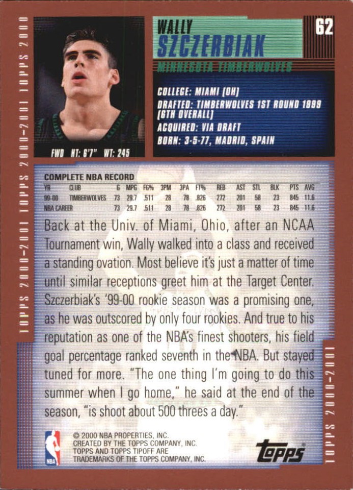 2000-01 Topps Tip-Off Timberwolves Basketball Card #62 Wally Szczerbiak ...
