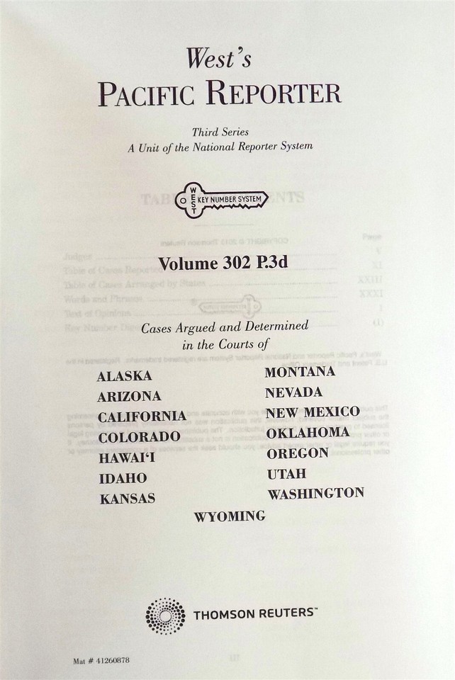 West's Pacific Reporter 3d Series Volume 302 Thomson Reuters' 2013 ...