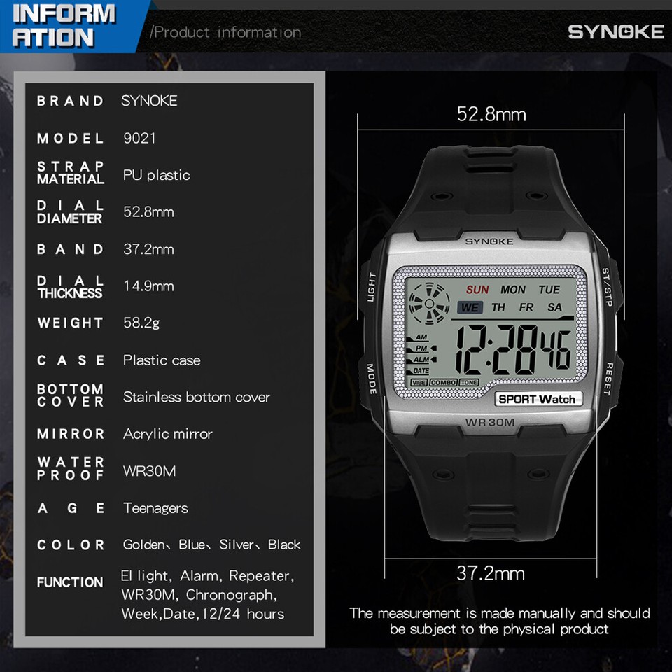 Men's Digital Sports Watch LED Screen Large Face Military Waterproof ...