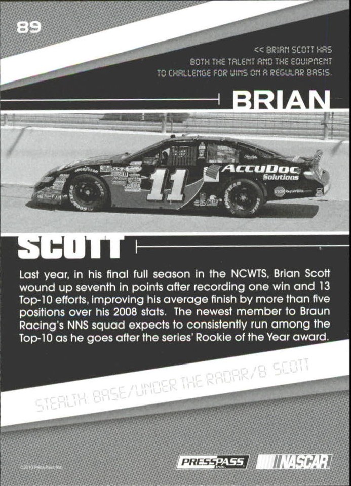 2010 Press Pass Stealth Black and White #89 Brian Scott UR - RAC | eBay