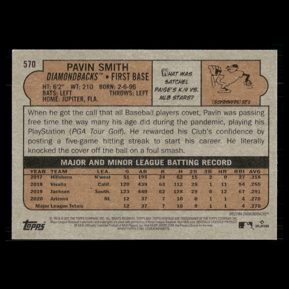 Pavin Smith Rookie #570 2021 Topps Heritage Arizona Diamondbacks ...