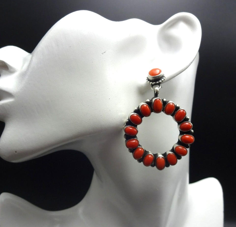 TIMOTHY YAZZIE Navajo RED MEDITERRANEAN CORAL Sterling Silver EARRINGS ...