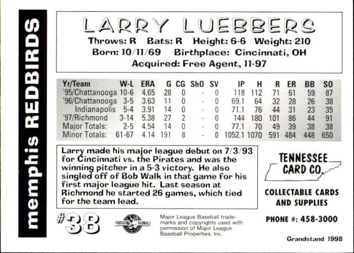 1998 Memphis Redbirds Grandstand #9 Larry Luebbers Cincinnati Ohio OH ...