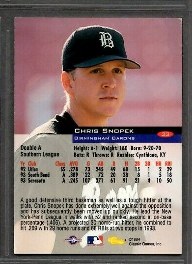 1994 Classic #33 Chris Snopek Birmingham Barons Baseball Signed ...