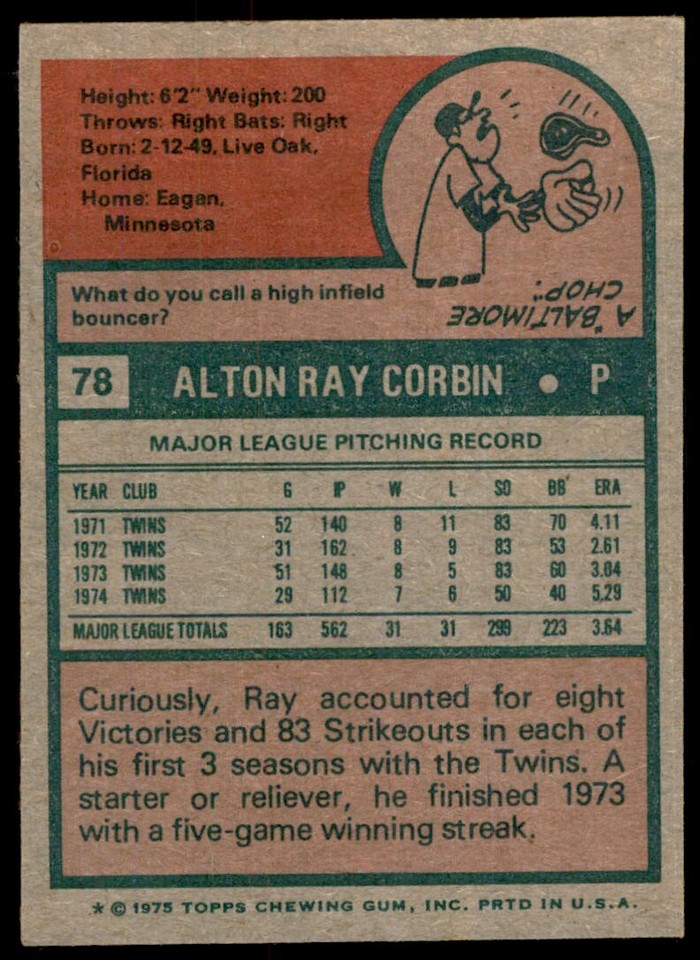 1975 TOPPS RAY CORBIN 109 MINNESOTA TWINS #78 | eBay