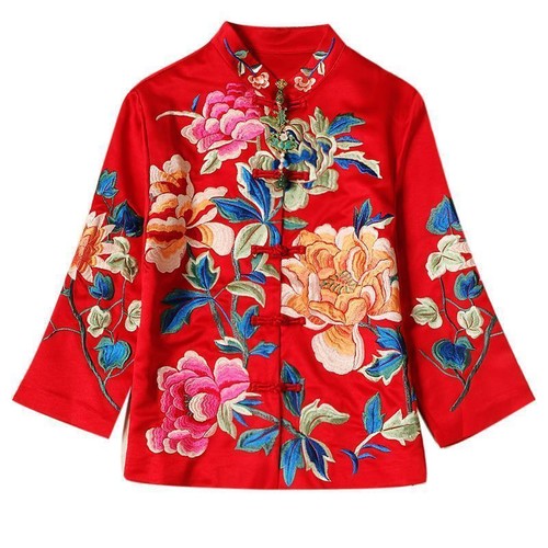 Women Chinese New Year Embroidered Cheongsam Jacket Satin Ethnic Top ...