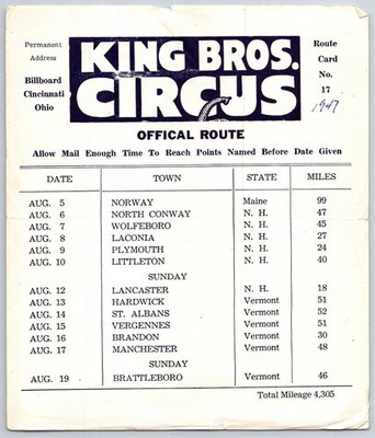 King Bros. Circus 1947 Route Card No. 17 Historical Memorabilia | eBay