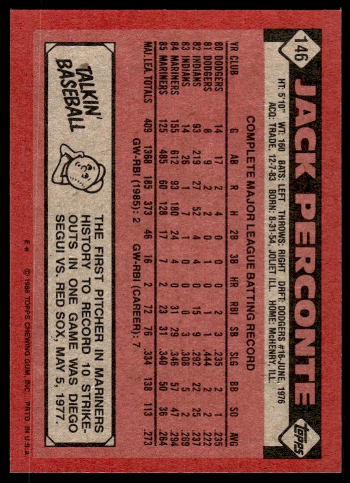 1986 Topps Baseball Card Jack Perconte B Seattle Mariners #146 | eBay