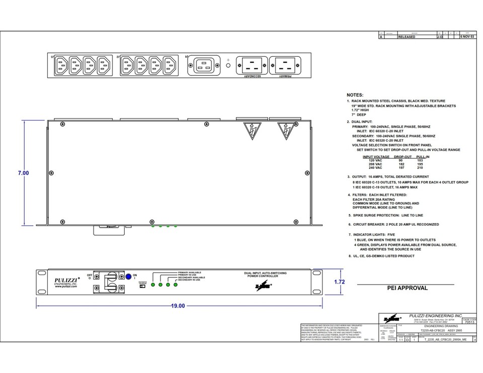 PULIZZI Source Transfer Switch Z-Line T2235-AB-CFBC20 9 outlets 8x C-13 ...