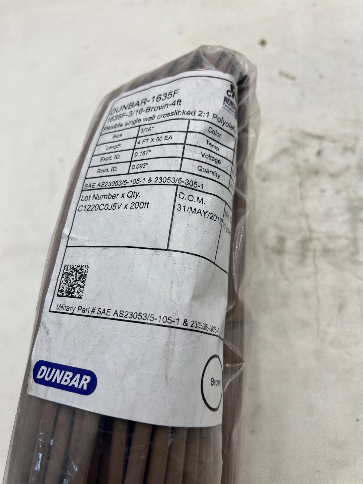 (Qty 1) Dunbar - Flexible Single Wall Crosslinked 2:1, 1635F 3/16 ...