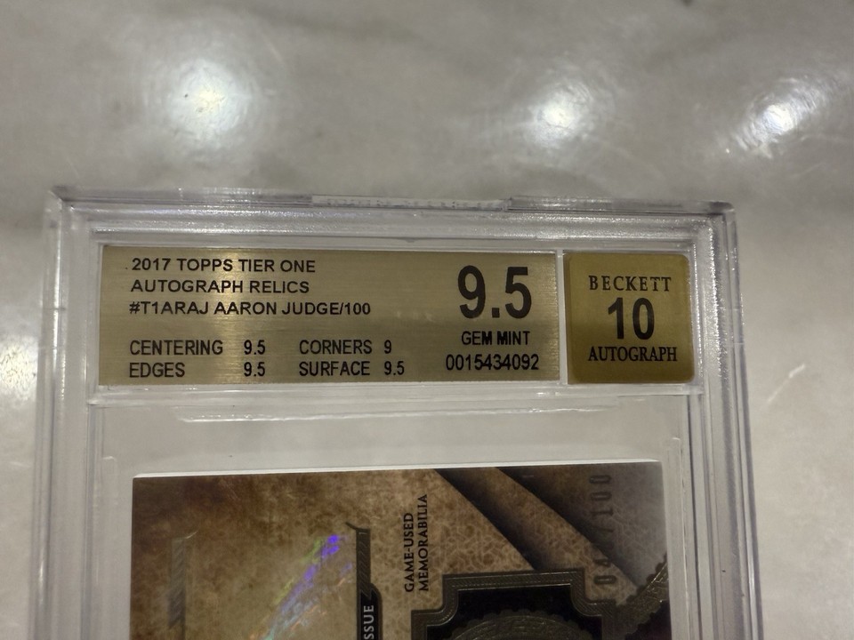 2017 Topps Tier 1 AARON JUDGE Auto Jersey / 100 BGS 9.5 GEM MINT 10 ...
