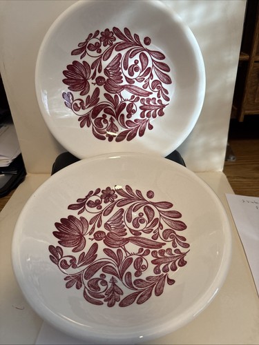2 Vintage Angora Mexican Pueblo Ceramic Maroon Bird Motif Bowls. 8” x 1 ...