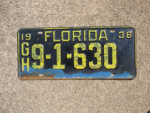 1938 Florida License Plate Chevy Chevrolet Ford GH 91630 Escambia ...