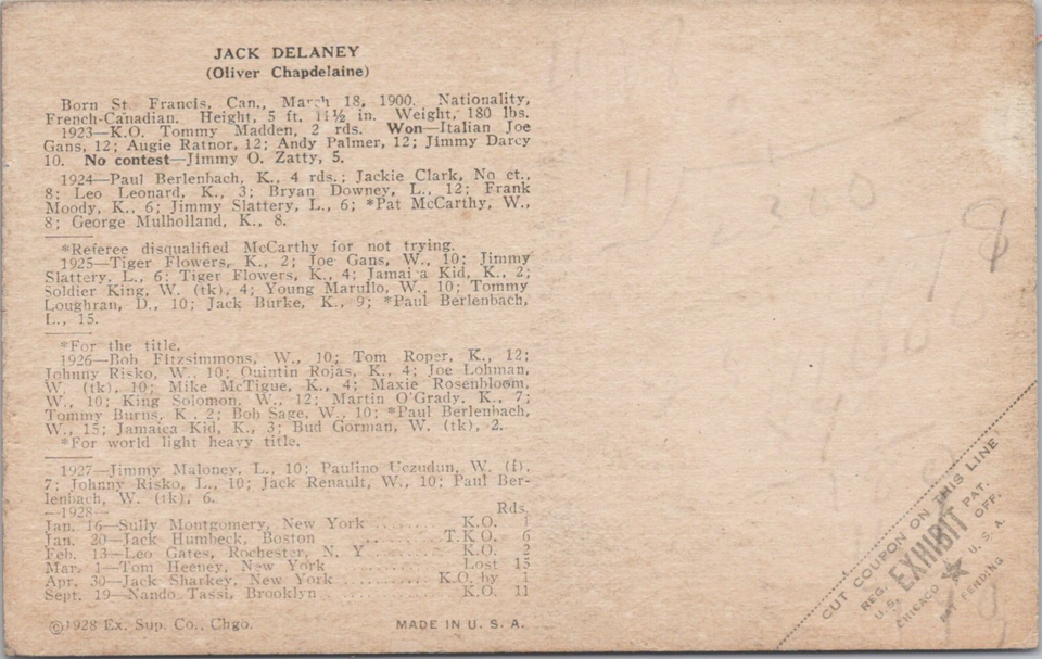 Photo PC Boxing Jack Delaney St. Francis Canada 1928 w/ Exhibit Coupon ...
