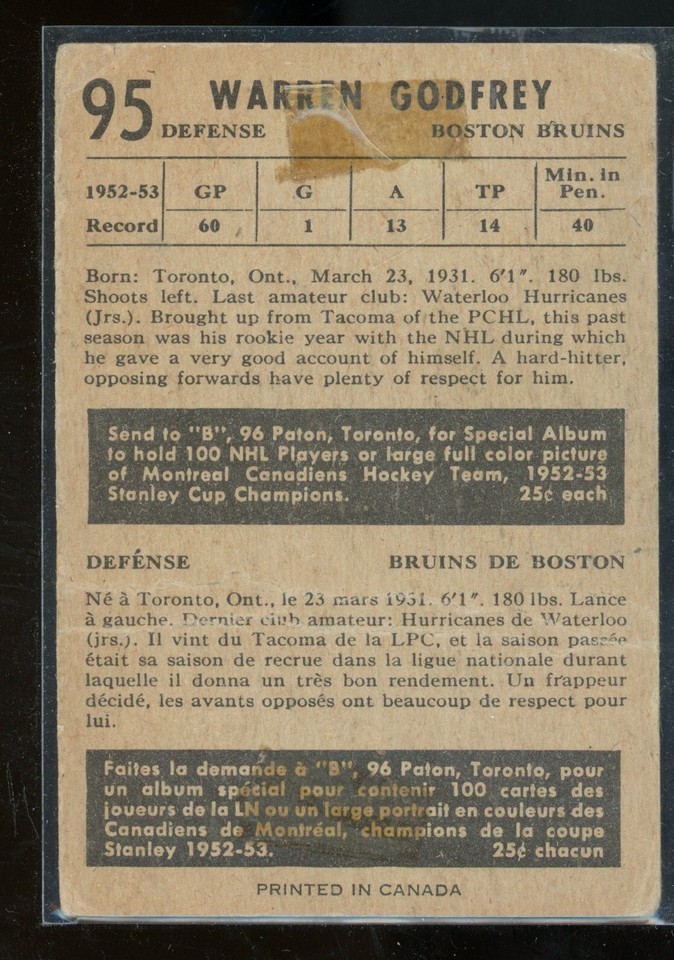 1953-54 Parkhurst #95 Warren Godfrey Boston Bruins hockey card AB-1573 ...