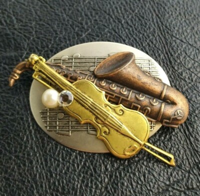 Vintage Jazz Saxophone & Violin Music Note Brooch Pin, Gold Copper ...