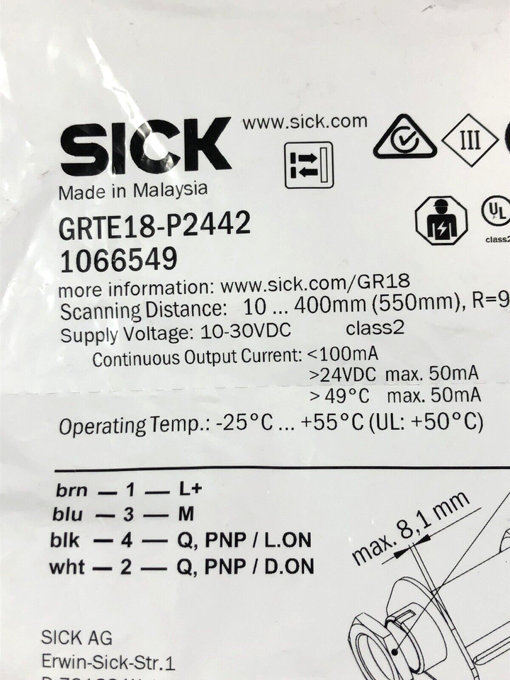 Sick GRTE18-P2442 Cylindrical Photoelectric Sensor 400mm Range Visible ...