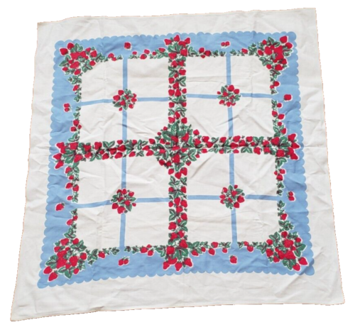 Vintage Strawberry Tablecloth Cotton 36" x 38" Blue Red 50s Retro ...