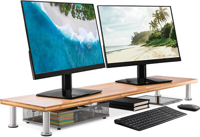 Large Dual Monitor Stand Riser, 42-Inch Bamboo Wood Monitor Stand, Long ...