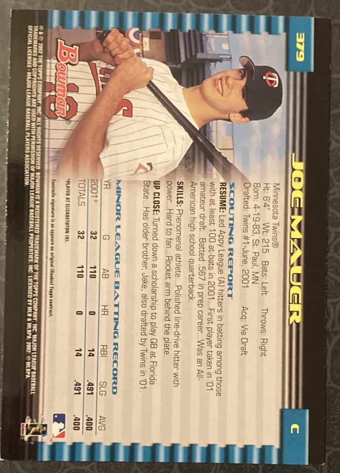 Joe Mauer 2002 Bowman HOF Rookie Card #379 (5881) | eBay