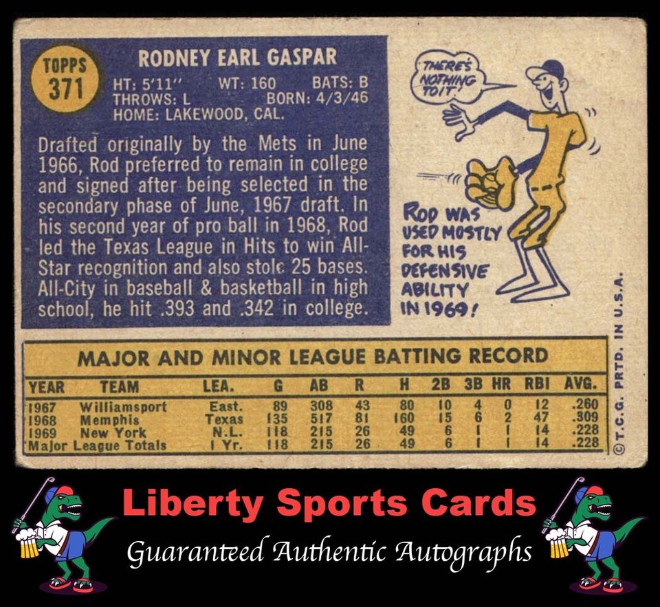 1970 Topps Rod Gaspar #371 Authentic Autographed Card New York Mets | eBay