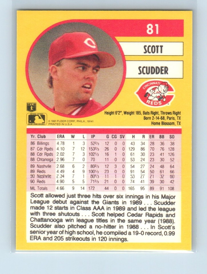 1991 Fleer Scott Scudder Cincinnati Reds #81A | eBay