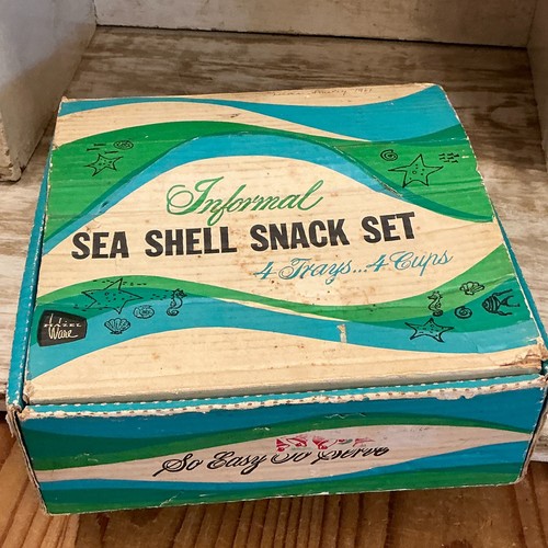 Vintage Hazel Atlas Sea Shell Snack Set Glass Plates Cups Original Box ...