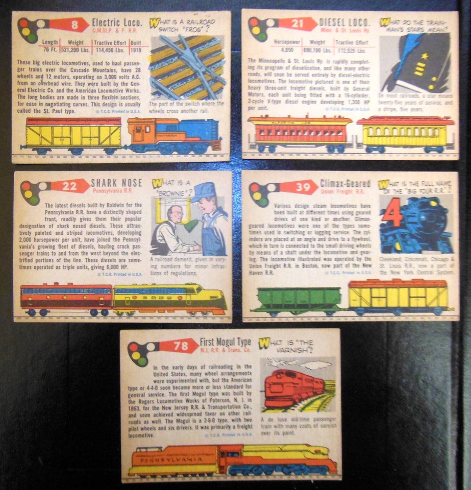 LOT OF FIVE (5) VINTAGE 1950's TOPS RAILROAD TRADING CARDS #'s 5,21,22 ...