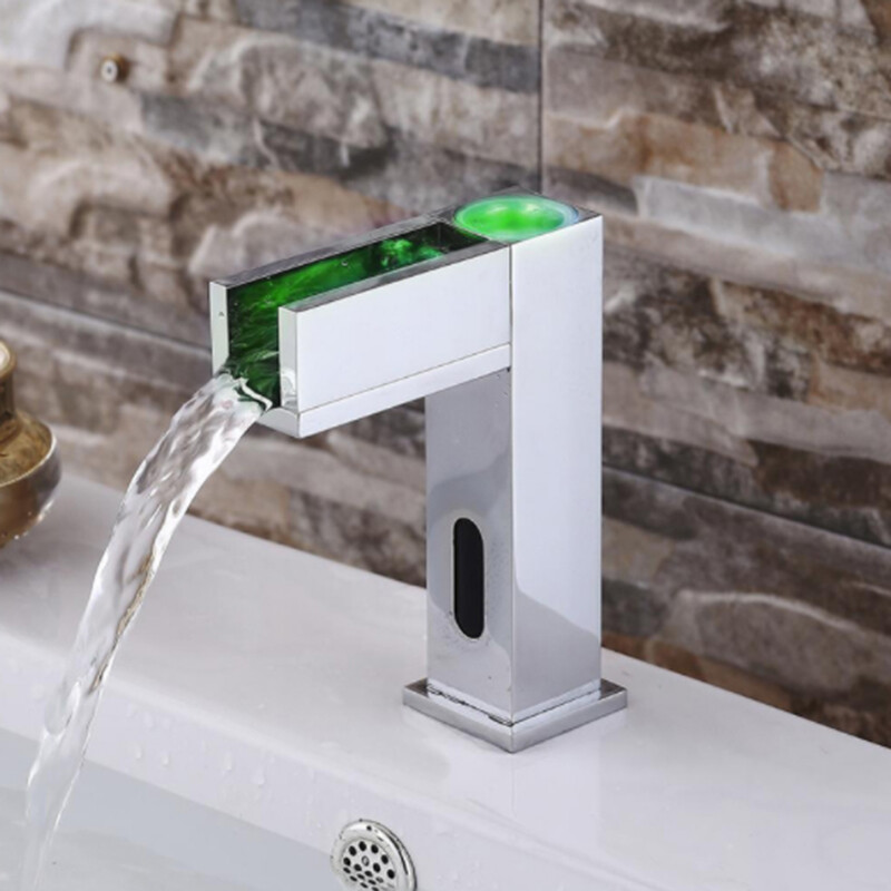 Bathroom LED Touchless Vanity Basin Mixer Sensor Faucet Waterfall Taps ...