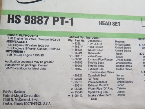 Juego de juntas de culata del motor Fel-Pro HS 9887 PT-1 NUEVO DE LOTE ANTIGUO (O6-D) | eBay