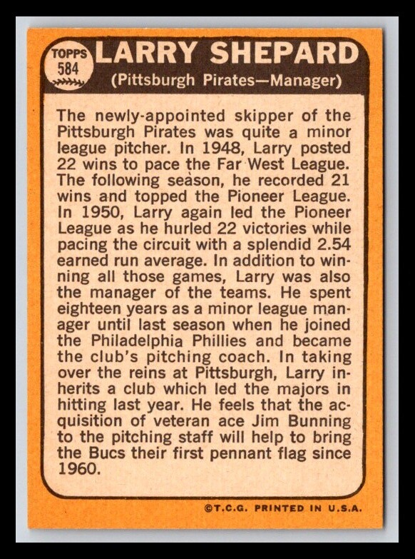 1968 Topps #584 Larry Shepard NM or Better | eBay