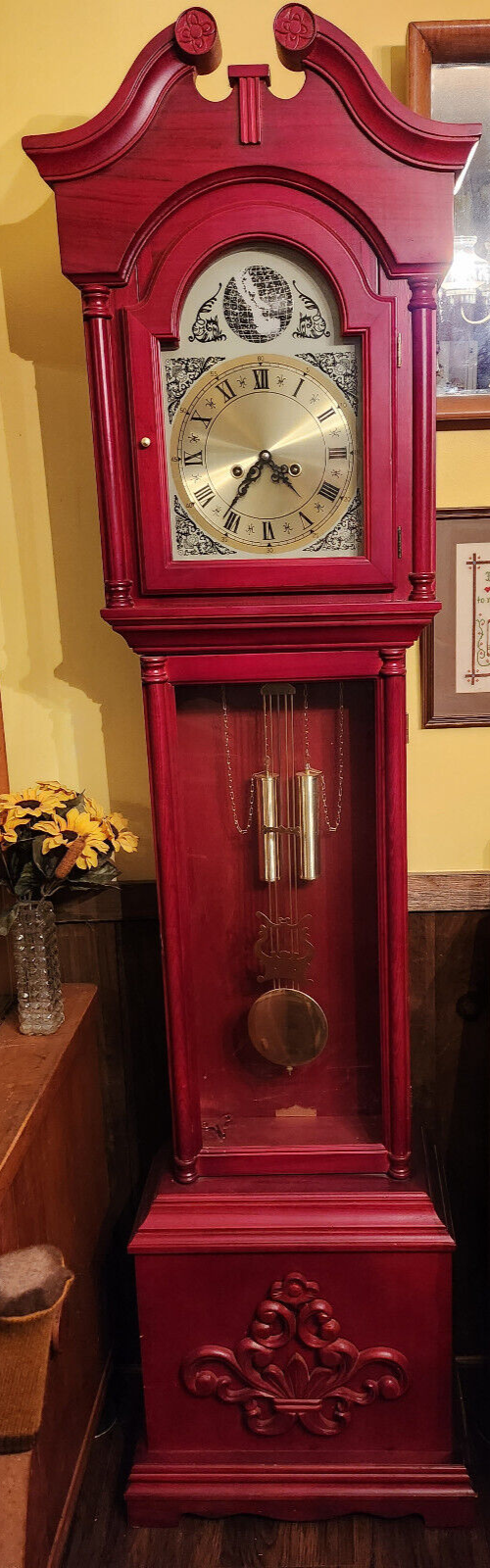 Grandfather Clock - Valued at $250+ wooden, red stain coloring | eBay