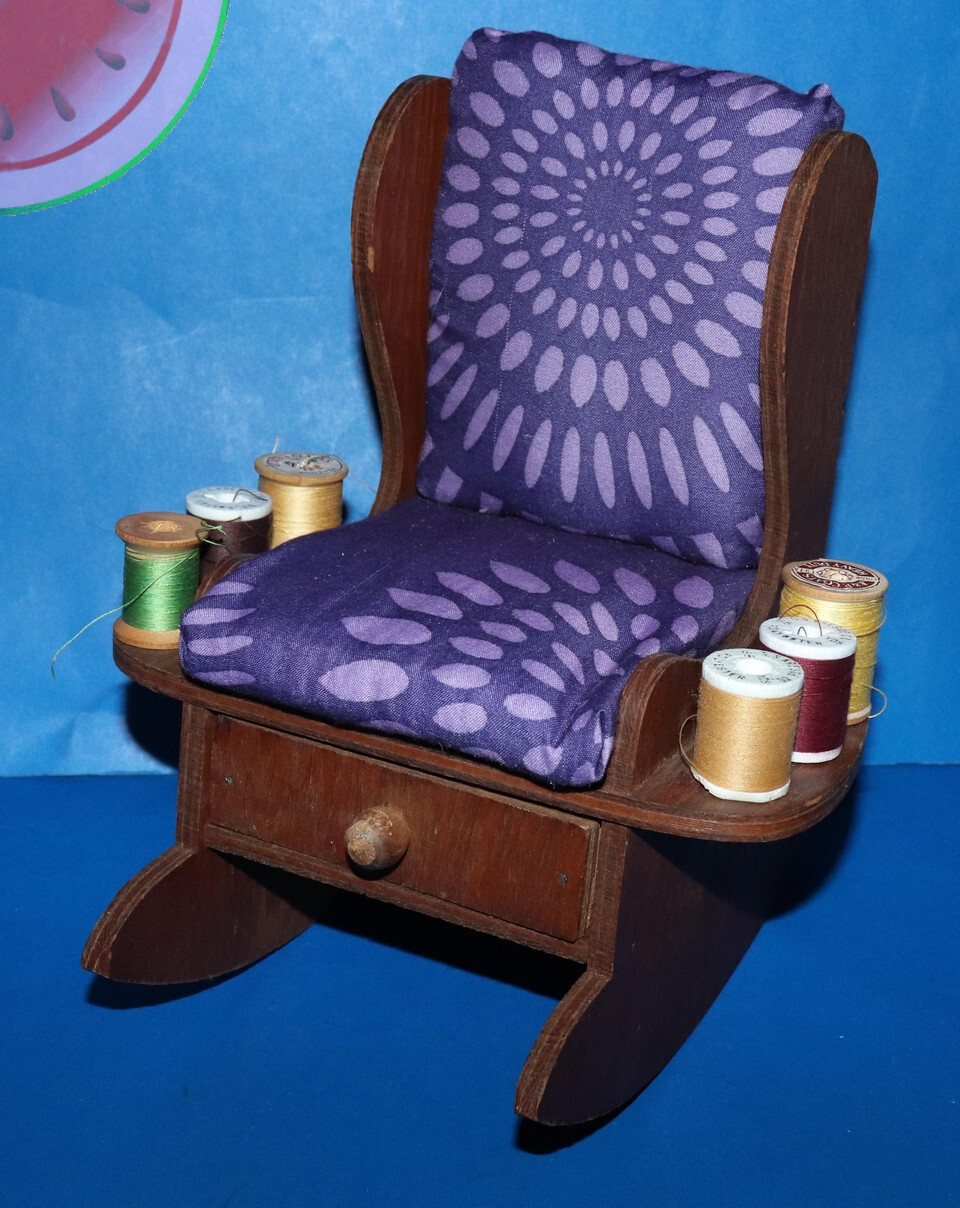 Vintage Wooden SEWING CADDY ROCKING CHAIR Pin Cushion 6 Thread Holder ...