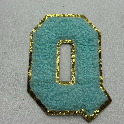 3" AQUA BLUE ish Chenille Letter Initial Q Patch w/ Gold Sparkle Trim ...