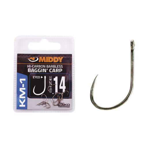 MIDDY KM1 - EYED BAGGIN CARP - CARBON BARBLESS FISHING HOOKS - COARSE ...