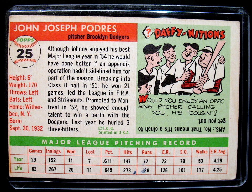 1955 Topps JOHNNY PODRES #25 Baseball Card-VG/EX Condition-BROOKLYN ...