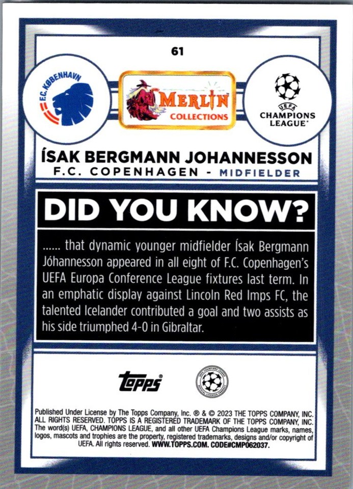 2022-23 Topps Merlin Chrome Isak Bergmann Johannesson 2022 Rookie Card ...