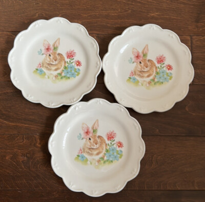 Grace Salad Plates Set of 3 New Easter Bunny Pink Floral Scalloped | eBay