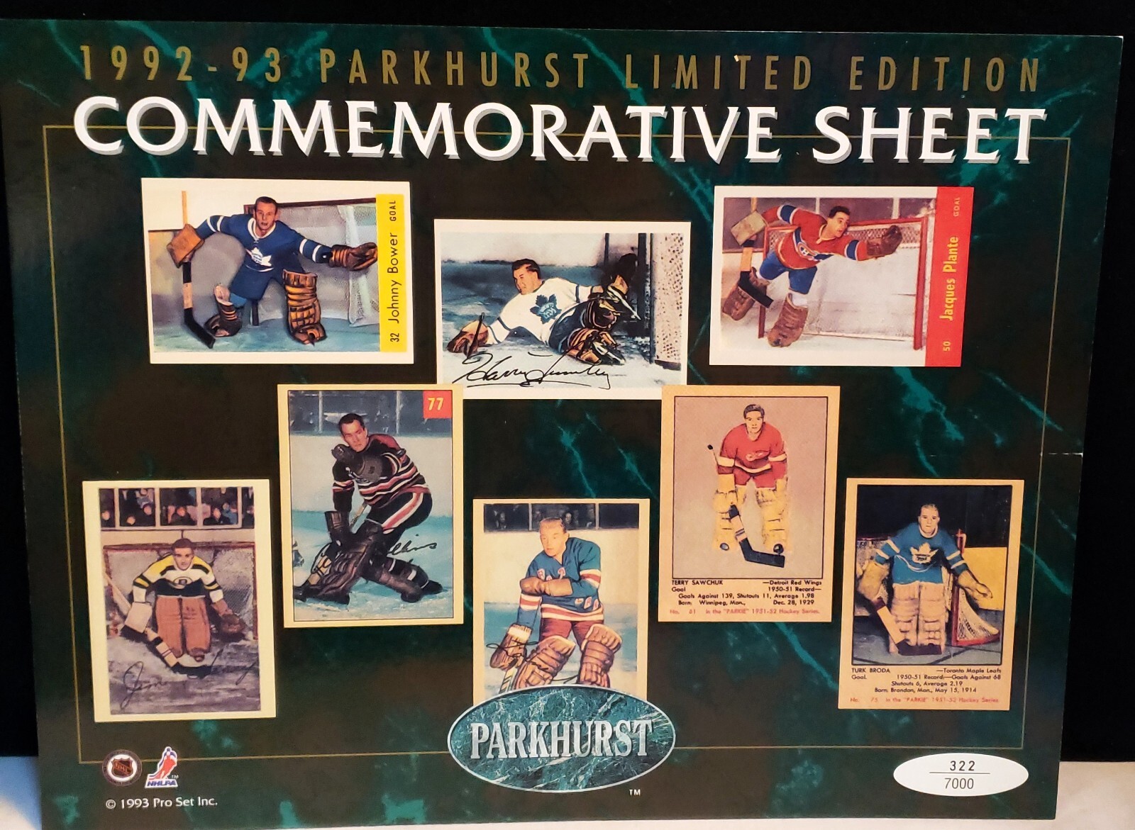92-93 Parkhurst LTD. EDITION COMMEMORATIVE SHEET - GOALIES - 322 | eBay