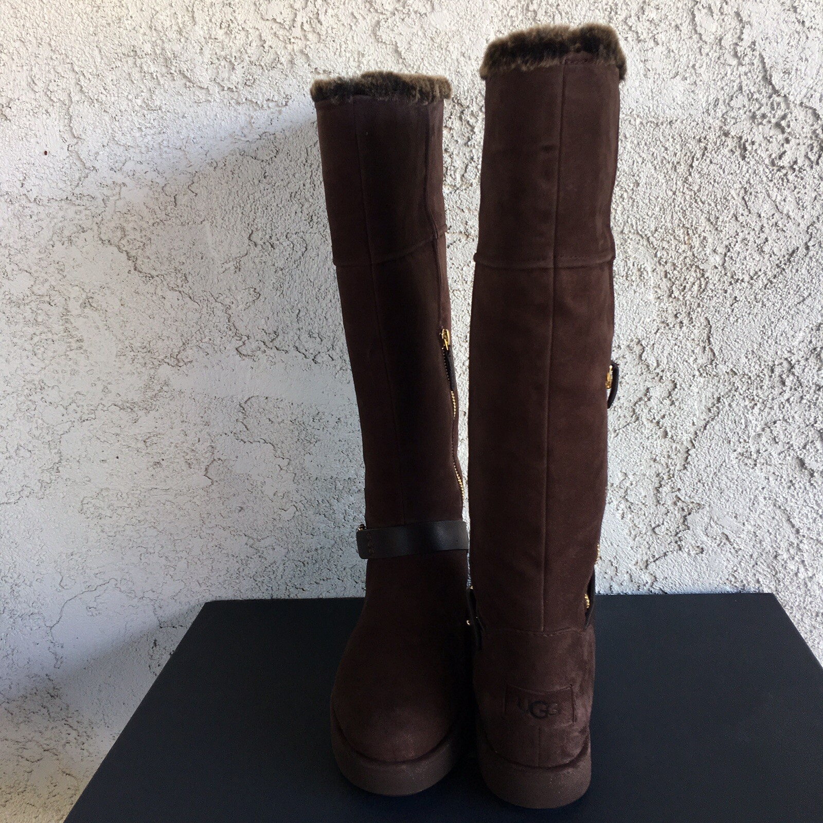 UGG CLASSIC BERGE TALL DARK TOAST SUEDE SHEARLING KNEE HIGH BOOTS SIZE ...