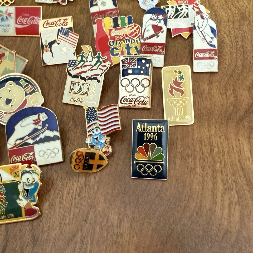 64+ Olympic Pins Lot Atlanta Sydney Nagano Toronto Barcelona Coca-Cola ...