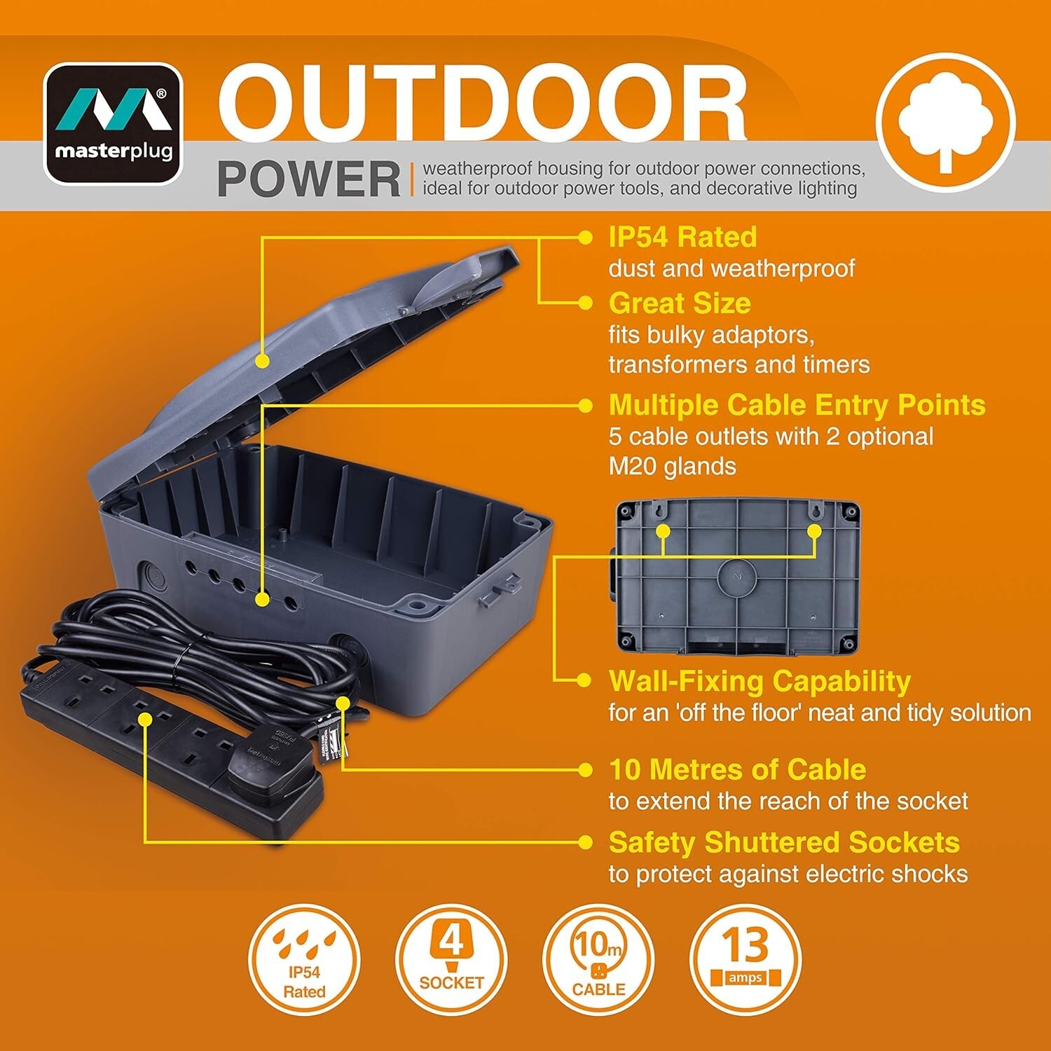 Masterplug Weatherproof Outdoor Electric Box IP54 with 4 Gang 10m ...