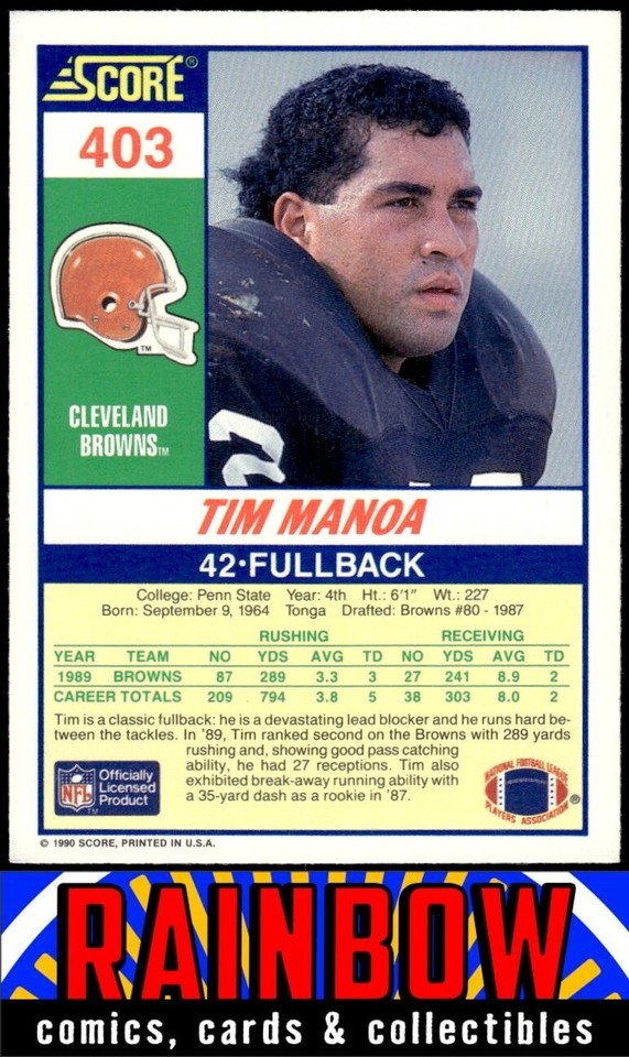 1990 Score #403 Tim Manoa Rookie Cleveland Browns | eBay