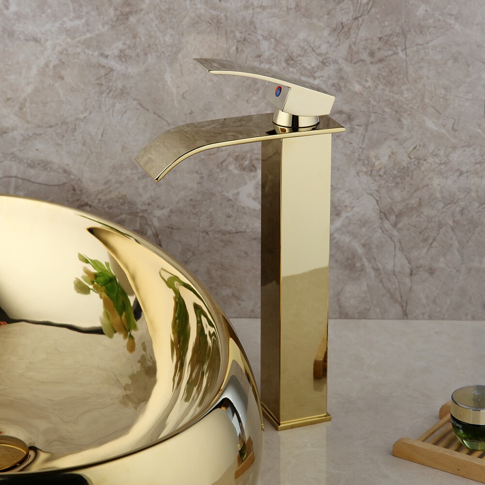 Bathroom Gold Waterfall Hot &Cold Basin Faucet Mixer Sink 1 Hole ...