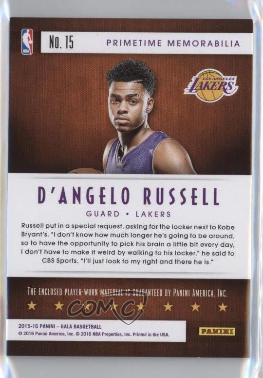 2015-16 Panini Gala - Primetime Rookie Memorabilia #15 D'Angelo Russell ...